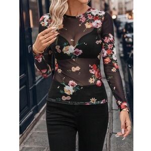 Rouge! | Tops | Black Floral Print Mesh Sheer Top Long Sleeve | Poshmark